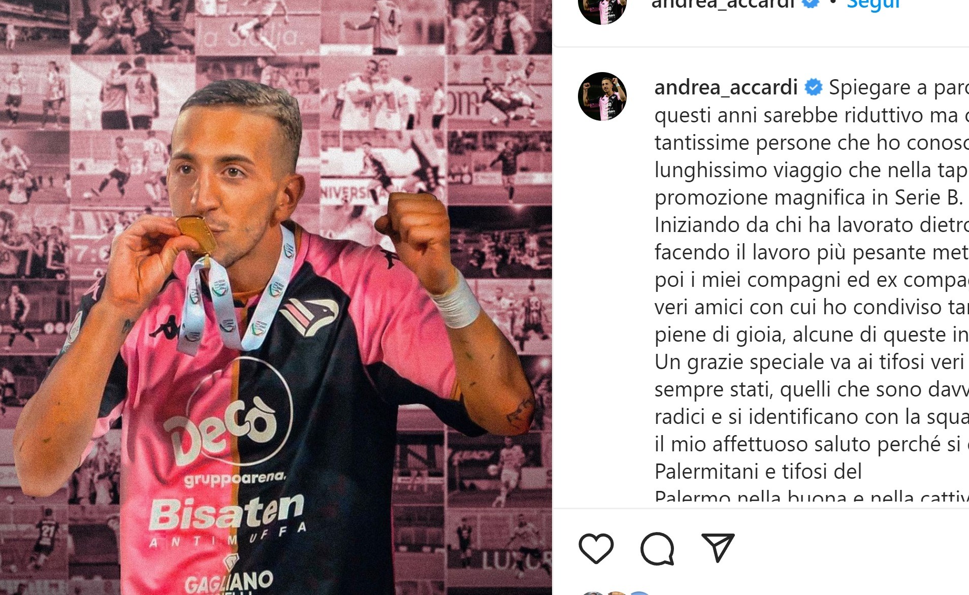 Palermo, l'addio di Accardi: "Vi porterò per sempre nel cuore"